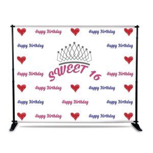 happy birthday sweet 16 red heart theme custom photography background backdrop party decoration step and repeat banner for kids, adults - print with hardware (8' x 8')