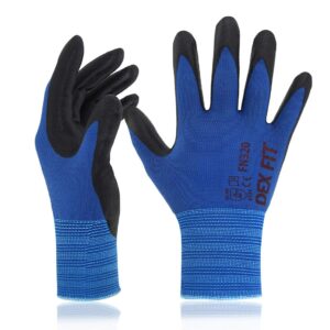 dex fit premium nylon work gloves fn320 - firm nitrile grip, 3d-comfort stretchy fit, thin & lightweight, protective & durable, breathable, machine washable; blue 9 (l) 3 pairs