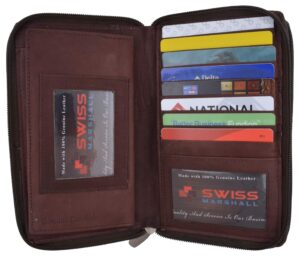 swiss marshall womens wallet genuine leather double zip around phone clutch large travel purse ladies wallet (brown)