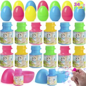 joyin 24 pcs prefilled easter eggs with bubble wands for kids basket stuffers, easter decorations, easter children fun, egg hunt game, easter décor gifts and party favors, 3.15"