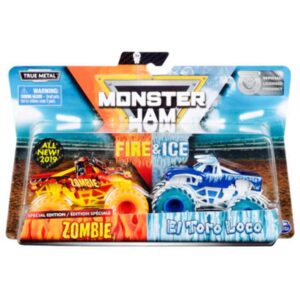 monster jam, fire & ice exclusive 2 pack, zombie vs. el toro loco monster truck, die-cast vehicles 1:64 scale