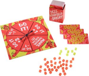 mattel games sell yourself short, hilarious party game for adults and teens, with spinner, 112 cards and 41 tokens, makes a great gift for 14 year olds and up