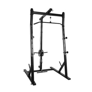 cap barbell power cage with high-low pulleys, black