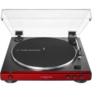 audio-technica at-lp60x-rd fully automatic belt-drive stereo turntable, red, hi-fi, 2 speed, dust cover, anti-resonance, die-cast aluminum platter