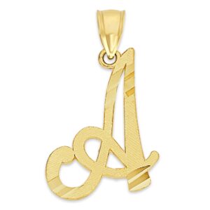 ice on fire jewelry 10k solid real gold cursive initial pendant, english alphabet a-z letter charm with diamond cut (a)