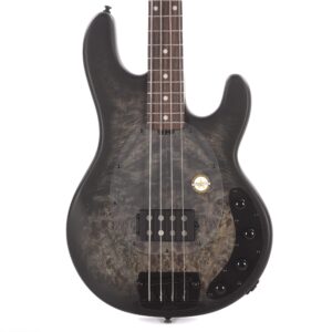 sterling by musicman 4 string bass guitar, right, poplar burl, trans black satin (ray34pb-tbks-r2)