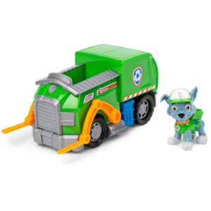 paw patrol, rocky’s recycle truck vehicle with collectible figure, preschool toys for boys & girls ages 3 and up