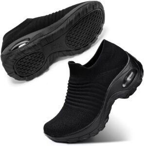 stq womens slip on walking shoes breathable non slip work shoes comfortable air cushion orthopedic sneakers with arch support all black 8