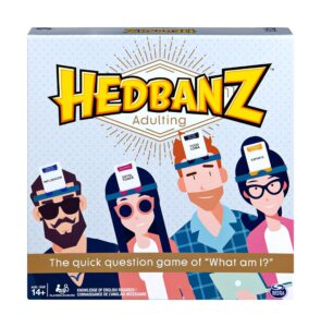 spin master games hedbanz adulting, hilarious party game of guessing and charades for millennials