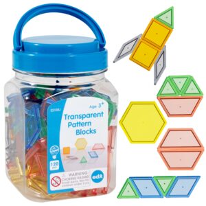 edxeducation transparent pattern blocks - mini jar set of 120 - plastic pattern blocks - practice sorting, patterns, measurement and fractions - sensory play - math manipulative for kids