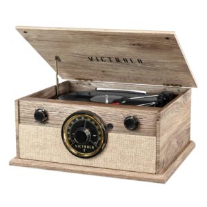 victrola 4-in-1 cambridge farmhouse modern bluetooth turntable with fm radio, farmhouse oatmeal