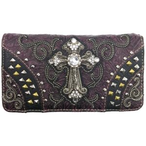 justin west clydesdale tooled leather metal stud cross conceal carry women handbag purse (purple wallet only)