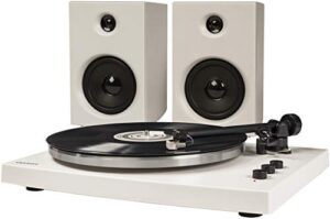 crosley t150a-wh modern 2-speed bluetooth turntable system with variable weighted tone arm and stereo speakers, white