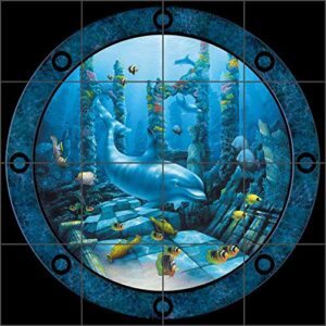 dolphin art tile mural backsplash - port hole by david miller ceramic kitchen shower bathroom (32" x 32" on 8" tiles)