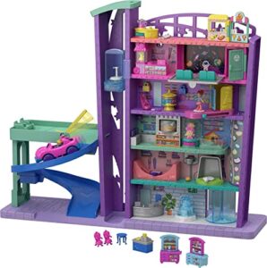 polly pocket playset with 3 micro dolls, 1 toy car, food and shopping accessories, pollyville mega mall toy