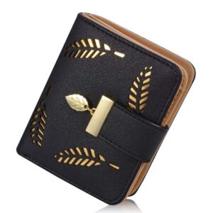 yajama women's leaf short bifold wallet leather credit card holder case clutch (short black)