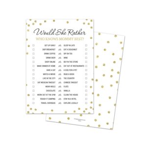 would she rather - who knows mommy best - baby shower game - 24 count (faux gold glitter on white)