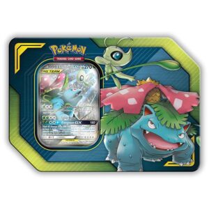 pokemon tcg: sun & moon team up collector's tin containing 4 booster packs and featuring a foil celebi & venusaur gx card