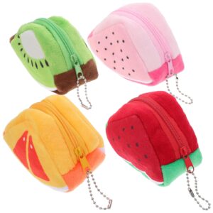 stobok 4pcs cute coin purse fruit pattern plush triangle wallet pocket mini pouch purse (watermelon + orange + dragon fruit + kiwi)