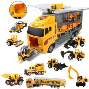 coolplay 11 in 1 construction cars and trucks toy for boys yellow truck carrier toy set little die-cast vehicles mini excavator backhoe mixer dump truck cars for kids ages 3-8