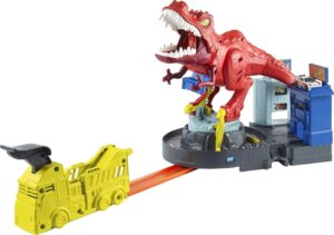 hot wheels toy car track set, t-rex rampage playset & 1:64 scale vehicle, launch into the giant dinosaur