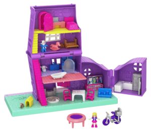 polly pocket doll house with micro doll, toy bike & furniture accessories, transforming pollyville pocket house playset