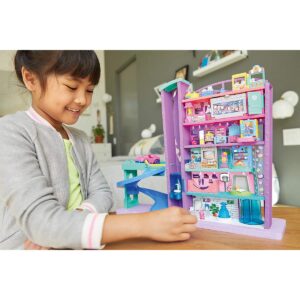 polly pocket mega mall with 6 floors, elevator, vehicle, parking garage, micro polly & lila dolls, dog & storytelling play pieces; for ages 4 and up