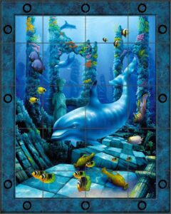 dolphin art tile mural backsplash - deep secrets by david miller ceramic kitchen shower bathroom (32" x 40" on 8" tiles)