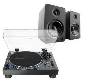 audio technica at-lp140xp direct-drive wired dj turntable bundle with kanto yu6 powered wireless bluetooth speakers - black, matte black