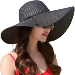 joyebuy women lady big bowknot straw hat floppy foldable roll up uv protection beach cap sun hat (style b-black)