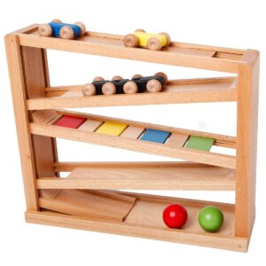 wooden ramp racer. race track for toddlers and 3 wood cars and 2 balls,toddler toys for 1 2 3 year old boy and girl gifts