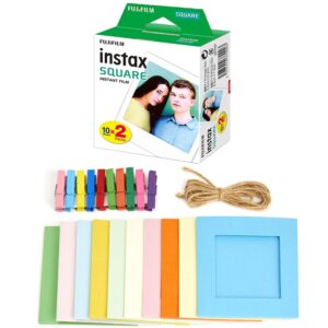 fujifilm instax square instant film + hanging photo frames for square film assorted colors – deluxe accessory bundle (20 exposures)