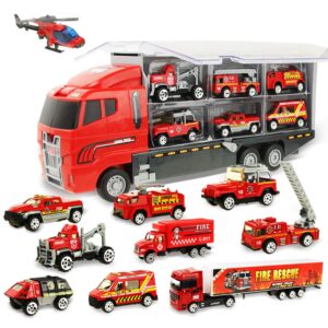 coolplay fire truck toy set for kids, toy vehicles carrier truck with die-cast cars, ​rescue firetruck for boys 3-6 years old