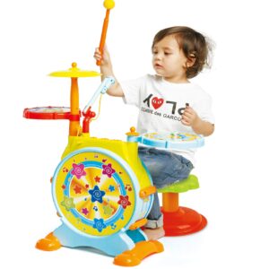 prextex kids drum set - toddler drum set includes toy microphone, adjustable sound bass, electric drums & drum sticks (for ages 3-6)