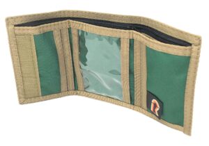 rainbow of california usa made slim front pocket wallet trifold inside id nylon cordura hook & loop closure (hunter green w/coyote brown trim)