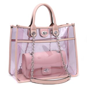 large clear tote bag pvc top handle shoulder bag 2 pieces set with turn lock closure (pink)