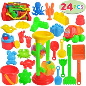 joyin 24 pcs beach sand toys set includes sand water wheel, sandbox vehicle, sand molds, bucket, sand shovel tool kits, sand toys for toddlers kids outdoor play (1 bonus mesh bag included)