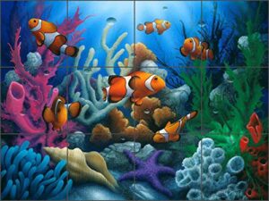 undersea art tile mural backsplash - here come the clowns by david miller ceramic kitchen shower bathroom (32" x 24" on 8" tiles)