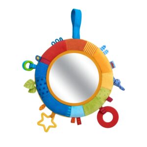 haba rainbow discovery mirror - hang from crib or use as a pillow with entertaining elements for baby to explore