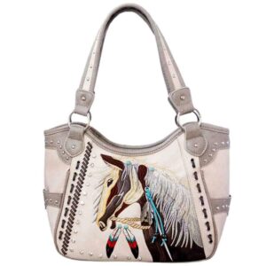 justin west dales pony horse white mane embroidery feather conceal carry women handbag purse (beige handbag wallet set)