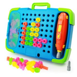 boley builders 67-piece electric screwboard stem toy set - powered screwdriver, drill bits, colorful bolts - educational learning toy for kids and toddlers - boys and girls tool kit