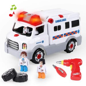 remoking learning take apart toy, build your own car toy ambulance educational playset with tools and power drill, diy assembly car gifts for kids with realistic sounds & lights (3+ ages)