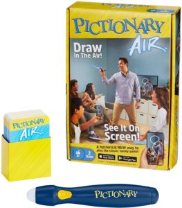 mattel games pictionary air family game for kids & adults with light pen and clue cards, connect to smart devices