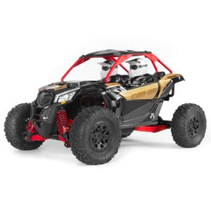 axial yeti jr. can-am maverick x3 rc rock racer 4wd brushed off-road side-by-side 1/18 scale rtr (includes 2.4 ghz transmitter, battery & charger): axi90069,red, gold and black