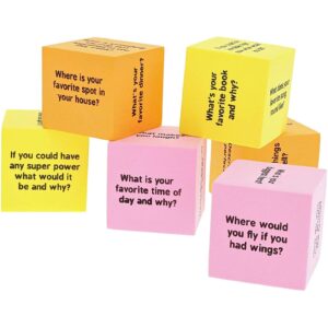 juvale conversation starters cubes, kids educational games (3 colors, 1.5 in, 6 pack)