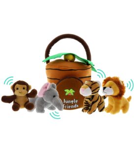 jungle animals talking plush baby toy – 5 piece small stuffed animals set including jungle house carrier and stuffed monkey, lion, tiger & elephant – these mini toys are ideal for boys and girls