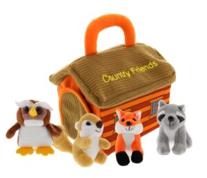 plush woodland animals with country house carrier for kids- 5pc- talking animal interactive toy set- stuffed owl, raccoon, fox & squirrel- great baby shower present for boys & girls by etna