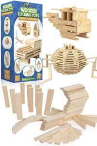 3 bees & me wooden building toys - stem toys for boys and girls - 100 wood plank pieces