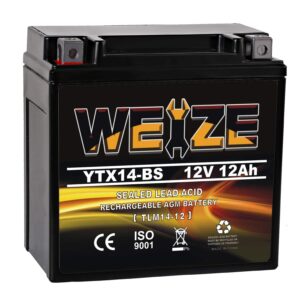 weize ytx14 bs atv battery high performance - maintenance free - sealed agm ytx14-bs motorcycle battery compatible with honda suzuki kawasaki yamaha scooter snowmobile