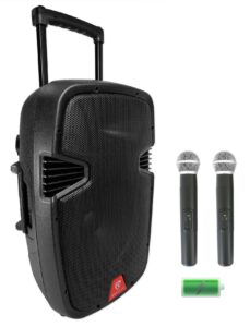 rockville ram12bt 12" 600w rechargeable pa speaker with bluetooth, deep bass, includes 2 wireless mics, tws linking, usb/sd inputs, - perfect for mobile dj and musicians, small venues, events